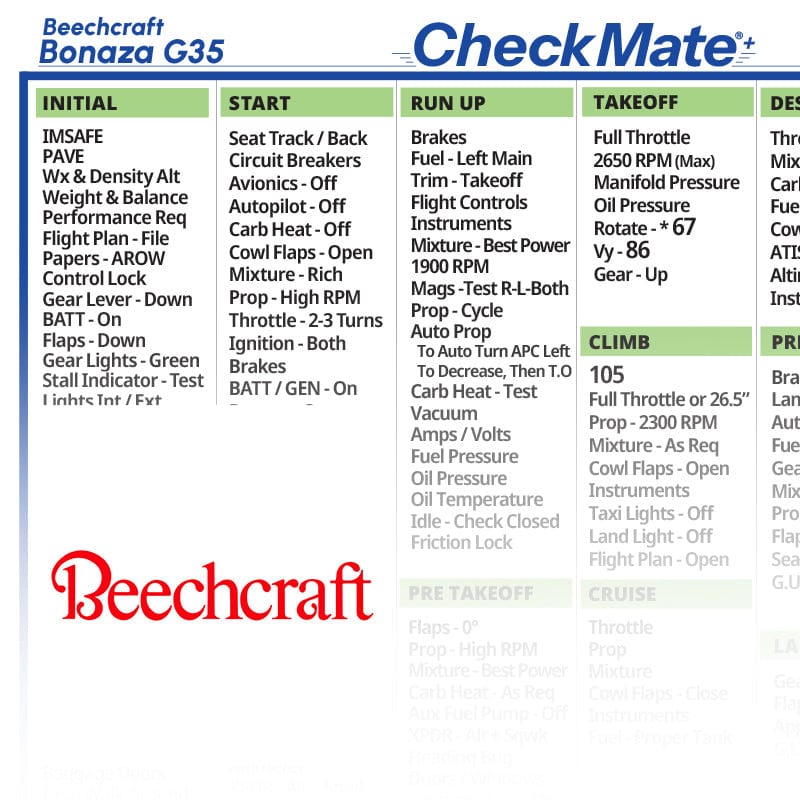 Bonanza 35 (G35) Checkmate+ Checklist | PilotMall.com